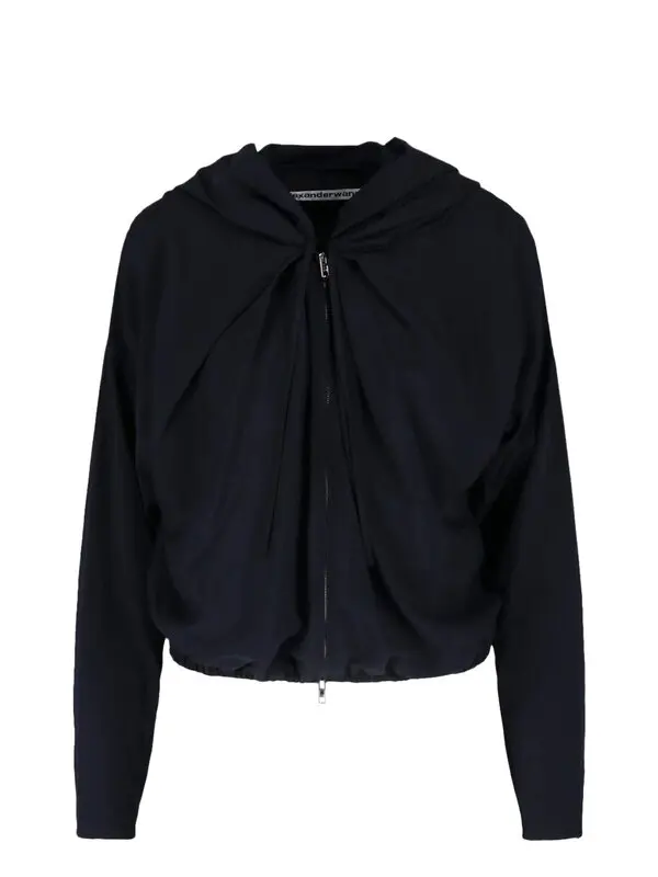 Alexander Wang Sculpted Silk-blend Zip-up Sweater With Hood - Black
