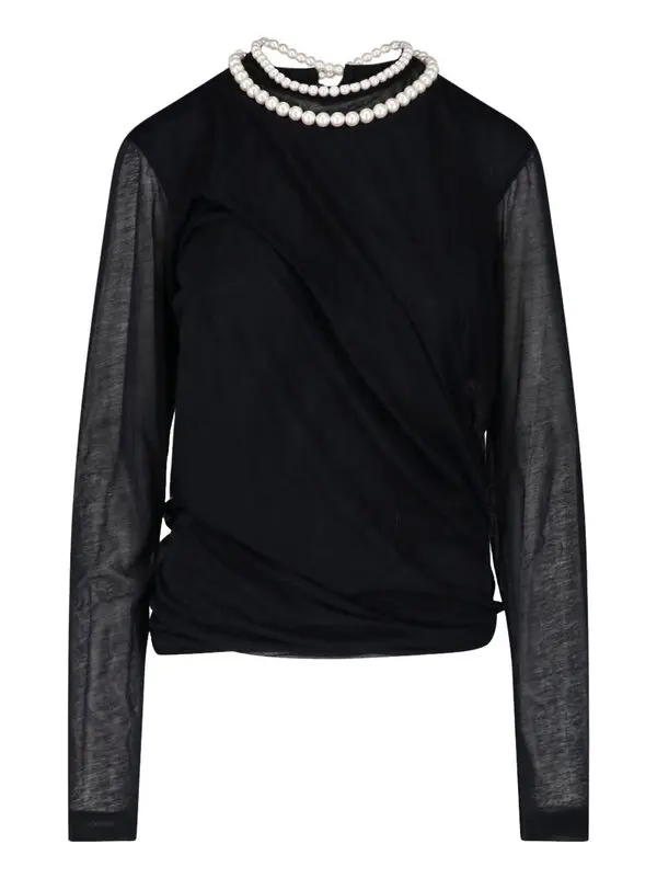 Junya Watanabe Mesh Top With Pearl Embellished Collar - Black