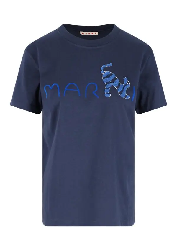 Marni Cotton T-shirt With Cat Graphic - Blue