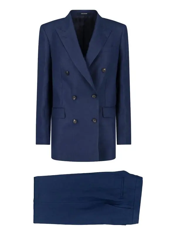 Tagliatore 100% Linen Tailored Double-breasted Suit - Blue