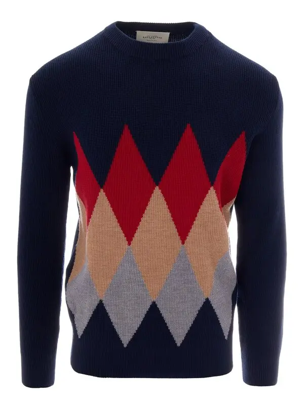 BALLANTYNE Argyle Pattern Crewneck Sweater - Blu-light Grey-camel-red