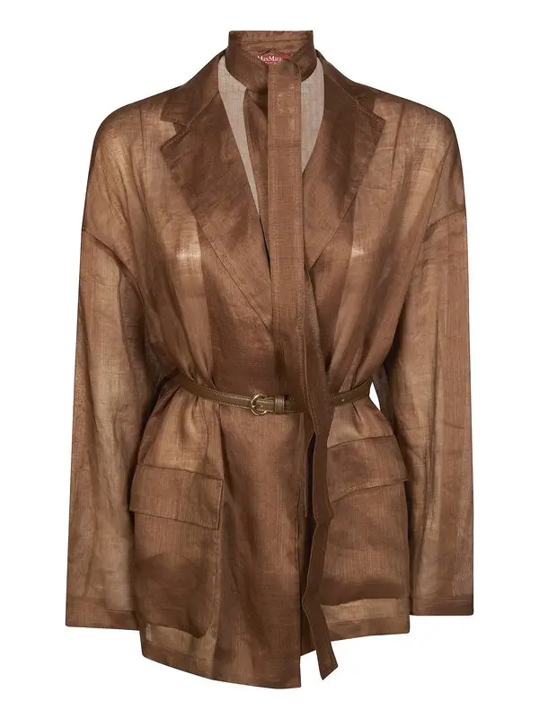 Max Mara Belted Mini Jacket In Ramie - Marrone