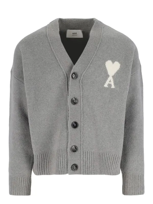 AMI Paris Alpaca Wool Blend Cardigan With Heart Logo - Grey