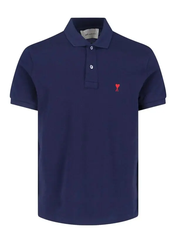 AMI Paris Organic Cotton Polo Shirt With Embroidered Heart Logo - Blue