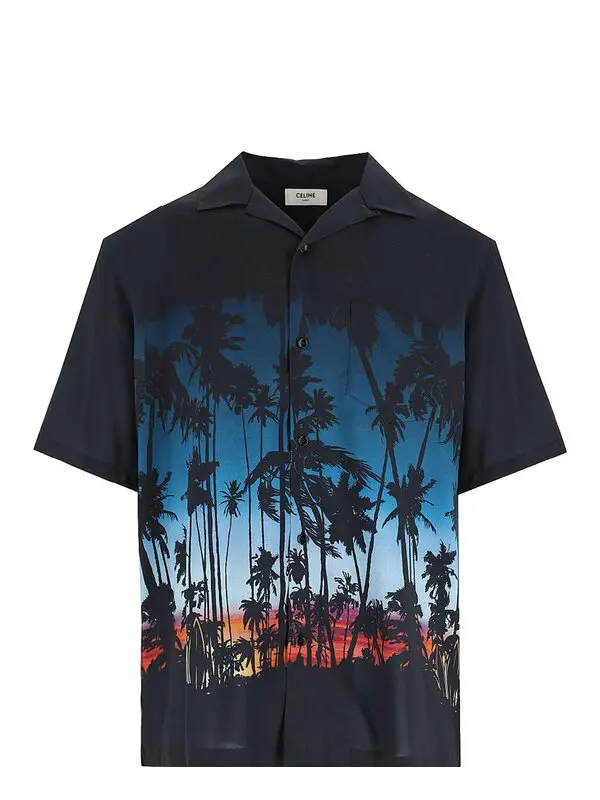 Celine Palm Tree Print Short-sleeve Button-up Shirt - Black