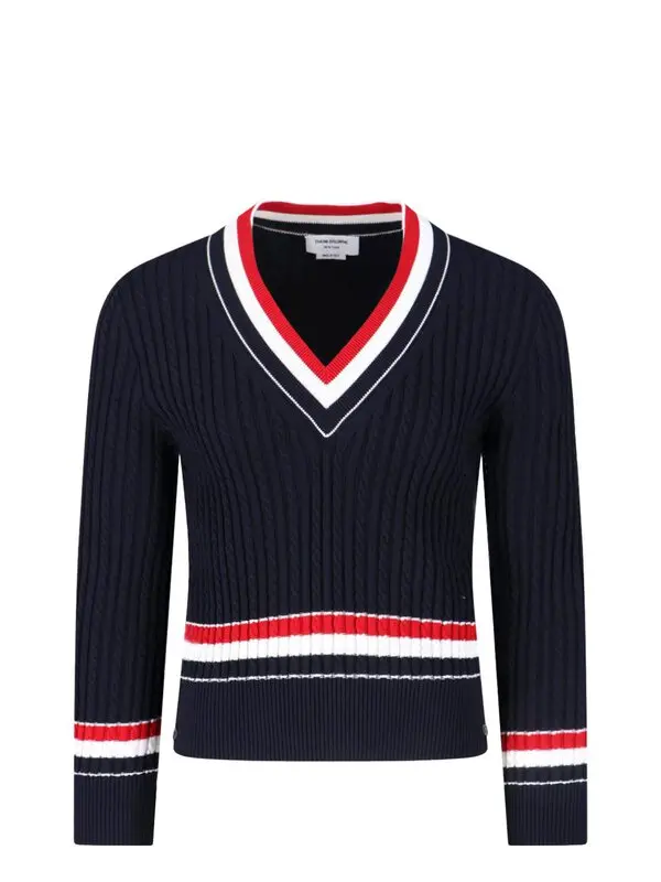 Thom Browne 100% Cotton Crewneck Sweater With Striped Sleeves - Blue