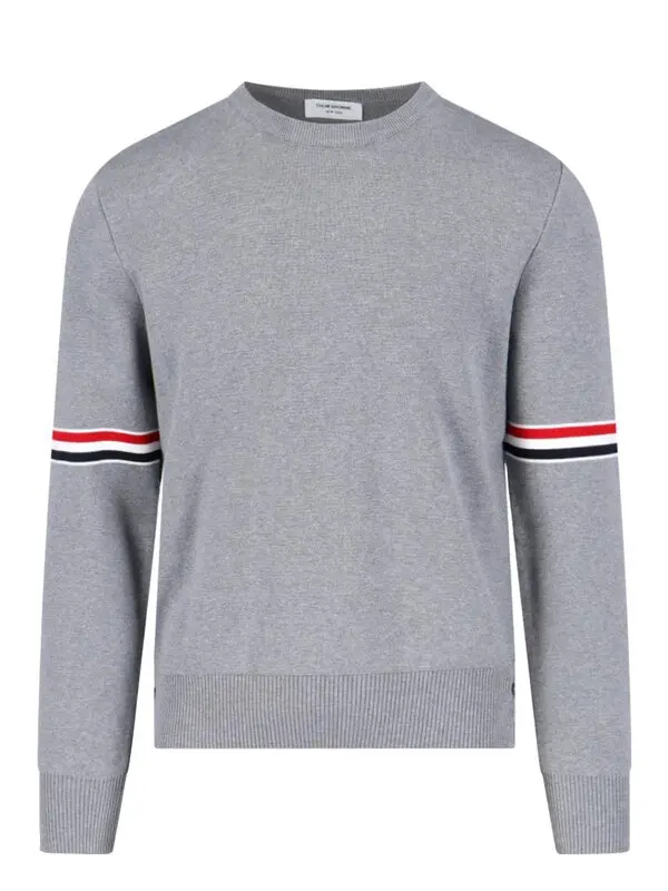 Thom Browne 100% Cotton Crewneck Sweater With Striped Sleeves - Grey