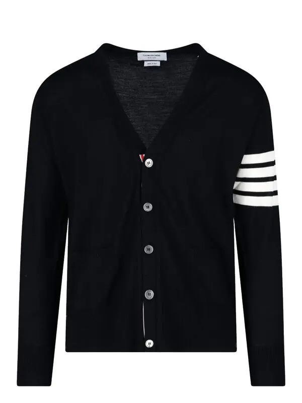 Thom Browne 100% Virgin Wool V-neck Cardigan With Signature Stripes - Black