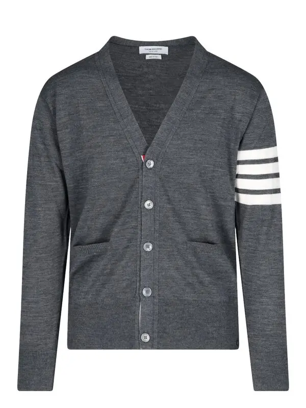 Thom Browne V-neck Button-front Cardigan With Signature Striped Detail - Grey