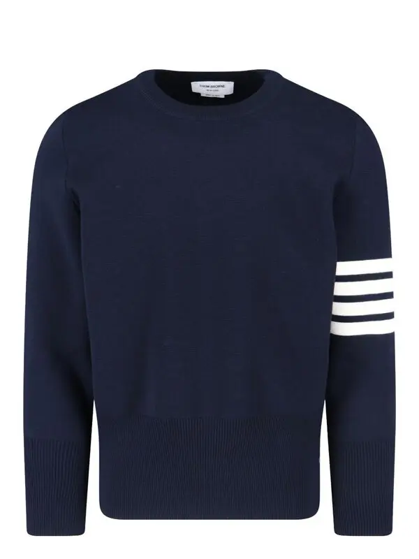 Thom Browne 100% Virgin Wool Crew Neck Sweater With Signature Stripes - Blue