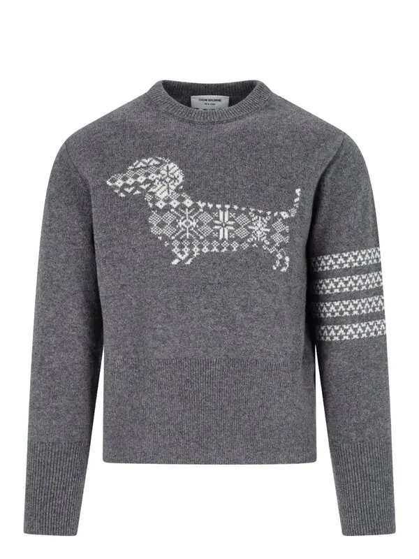Thom Browne 100% Virgin Wool Crew Neck Sweater With Signature Stripes - Grey