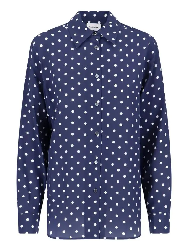 PAROSH 100% Silk Polka Dot Button-up Shirt - Blue