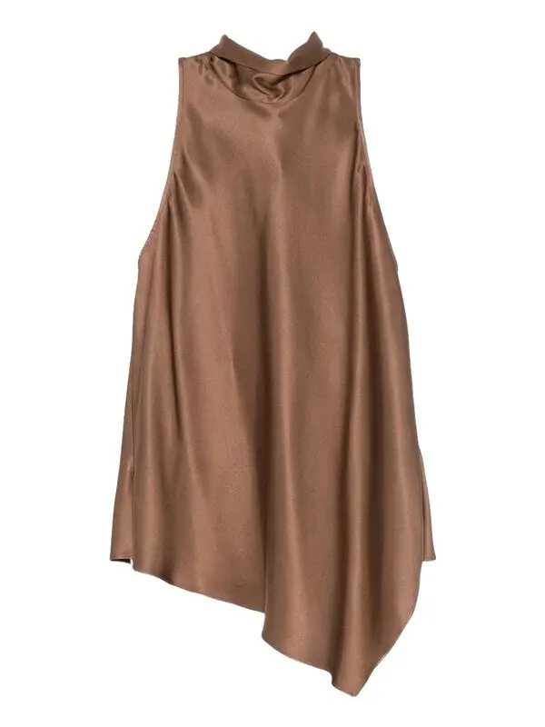Brunello Cucinelli Sleeveless Asymmetrical High Neck Silk Top - Brown