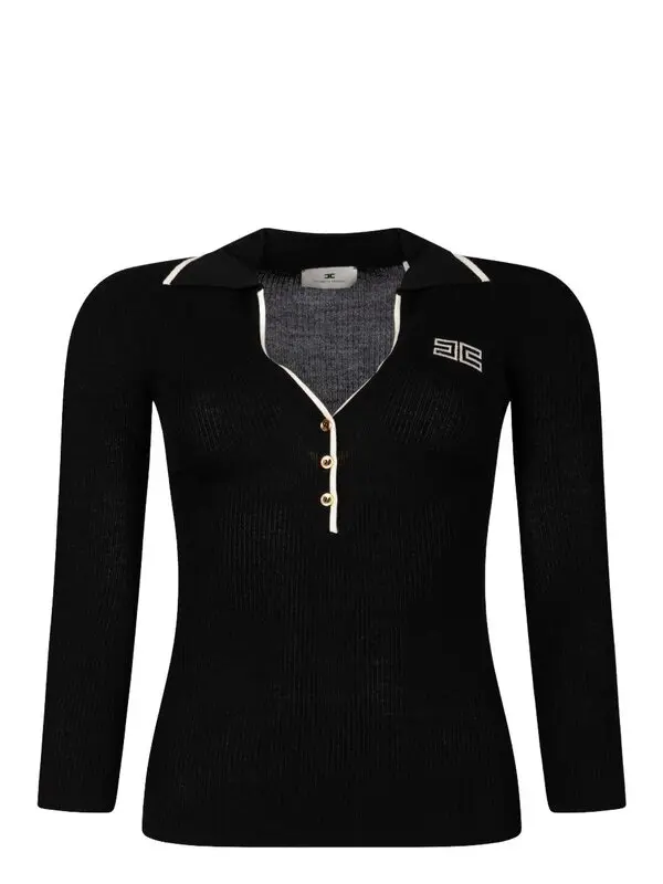 Elisabetta Franchi Ribbed Knit Long Sleeve Polo Shirt - Black