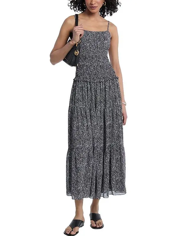 Michael Kors Printed Shirred Maxi Dress - Black/ Bone