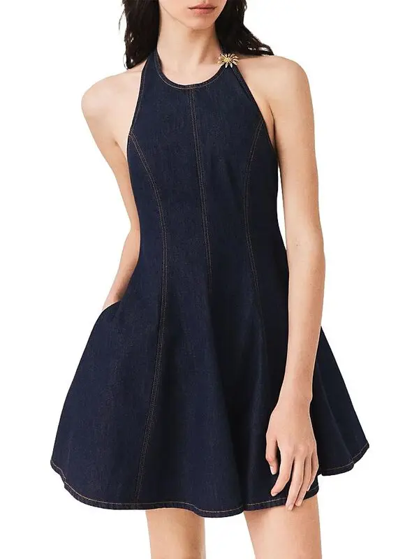 Maje Embellished Halterneck Mini Dress - Navy