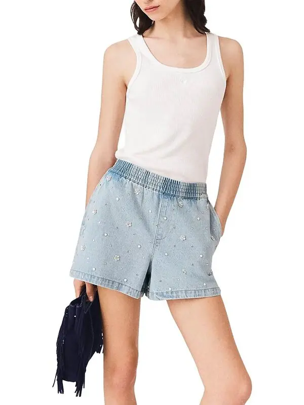 Maje Floral Denim Shorts - Blue