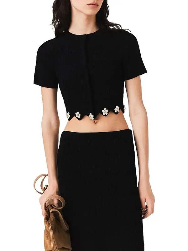 Maje Floral Jewel Cropped Cardigan - Black