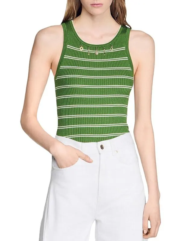 Sandro Striped Sleeveless Top With Tassel Trims - Green/ecru