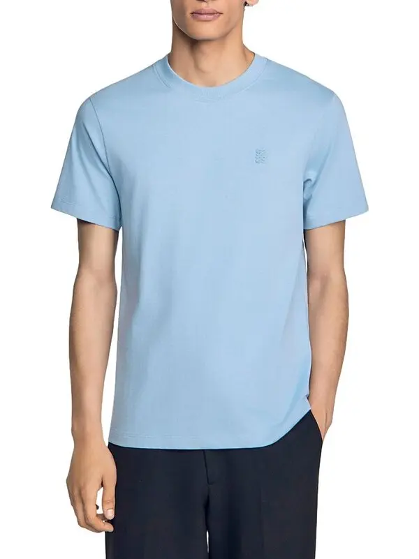 Sandro Cotton T Shirt With Leather Logo Patch - Blue Grey