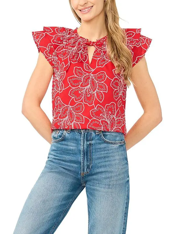 CECE DUPRAZ Eyelet Flutter Sleeve Top - Classic Cherry