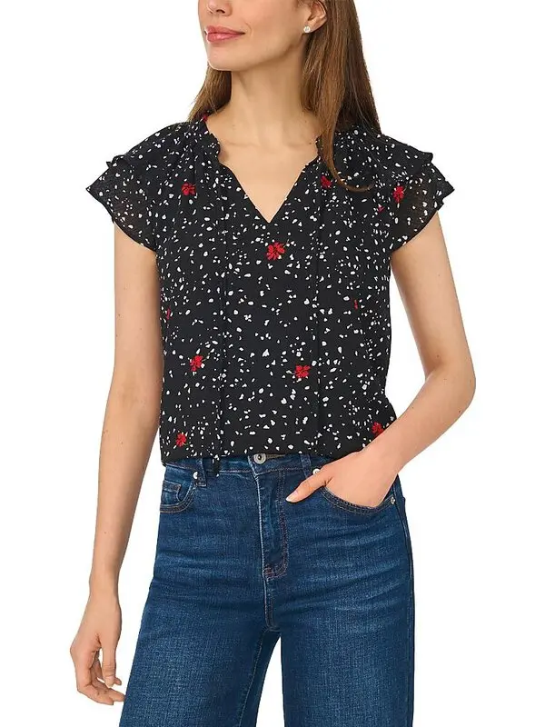 CECE DUPRAZ Flutter Sleeve Tie Neck Top With Floral Print - Rich Black