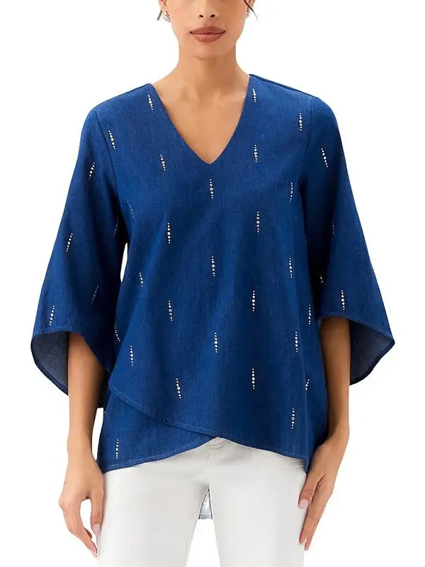 Karen Kane Embellished Asymmetric Top With Bracelet Sleeves - Denim