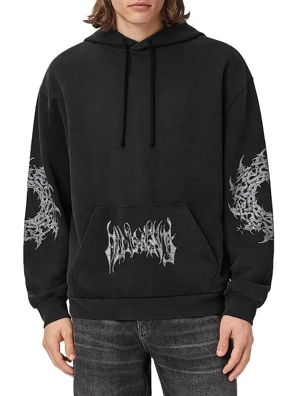 ALLSAINTS Helvette Metal Logo Graphic Drawstring Hoodie - Washed Black