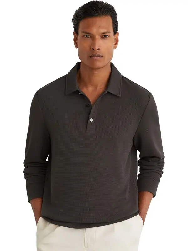 REISS Alba Textured Long-sleeve Polo Shirt - Brown