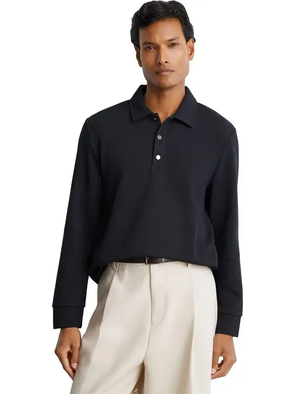 REISS Alba Textured Long-sleeve Polo Shirt - Navy