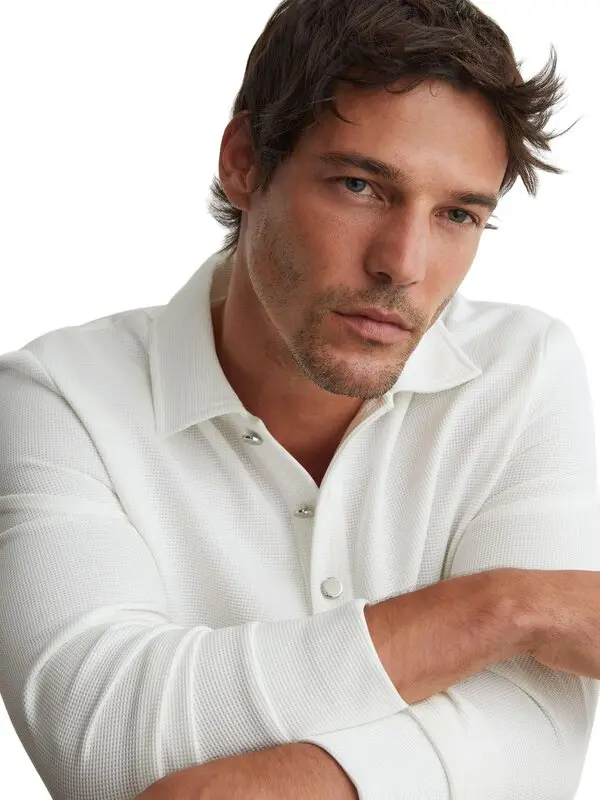 REISS Alba Textured Long-sleeve Polo Shirt - White