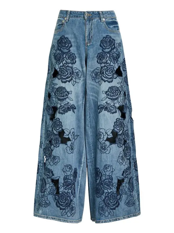 Alice + Olivia Sidney Floral-embroidered Wide-leg Jeans - Blue