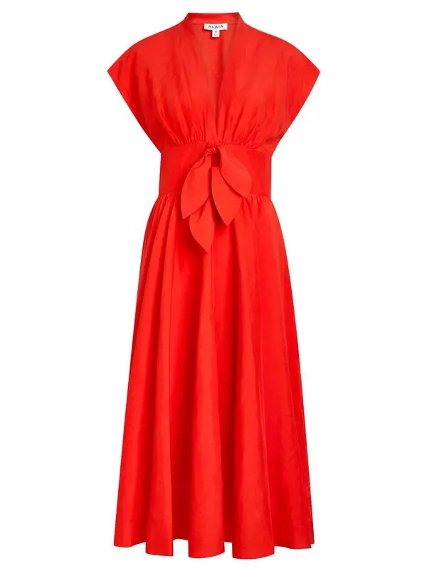 Alaïa Belted Woven Midi Dress - Red