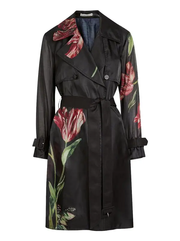 Alice + Olivia Silvia Floral-print Organza Trench Coat - Black