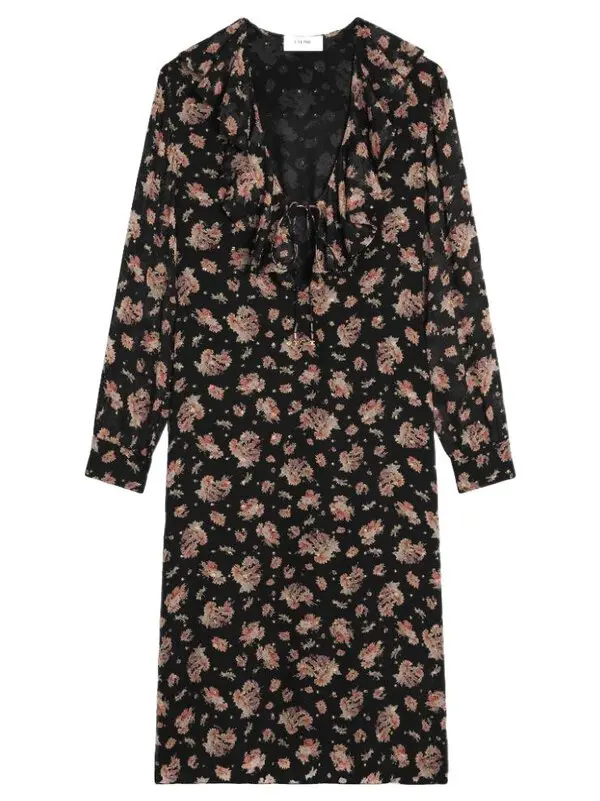 Celine Silk Georgette Printed Jabot Dress - Black