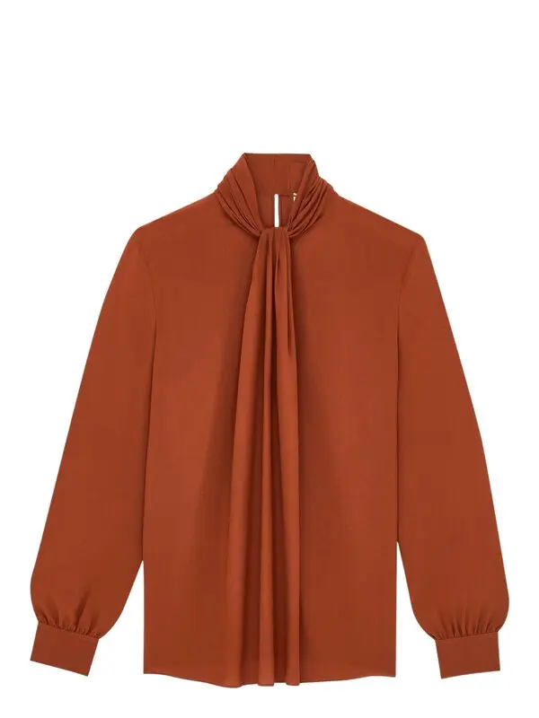 Saint Laurent Long Sleeve Shirt With Pleated Tie Detail - Brown