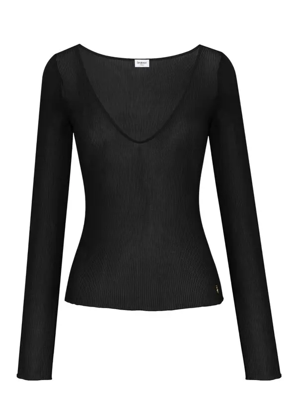 Saint Laurent Cassandre V-neck Ribbed Silk Top - Black