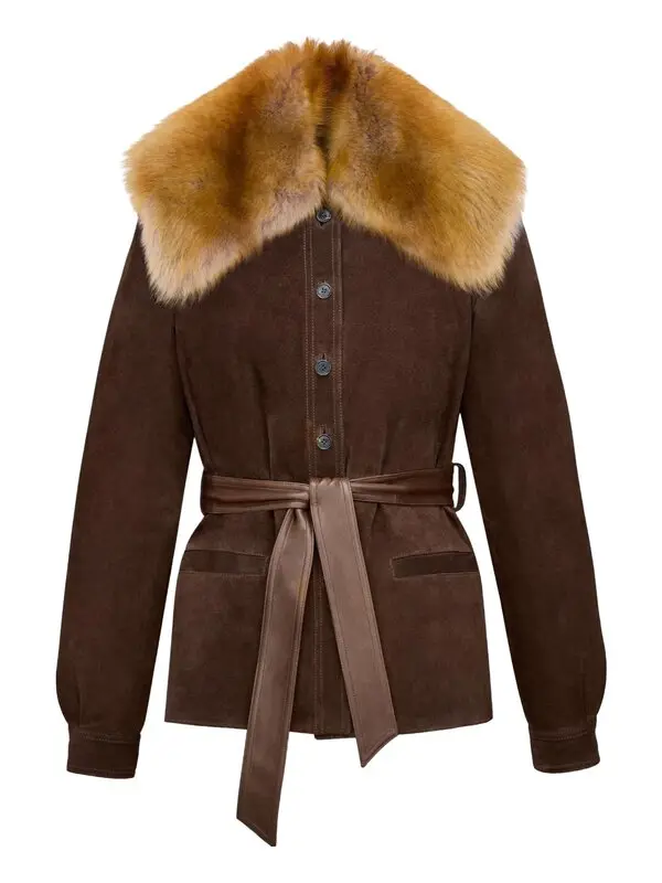 Saint Laurent Belted Suede Jacket With Removable Fur Collar - Black