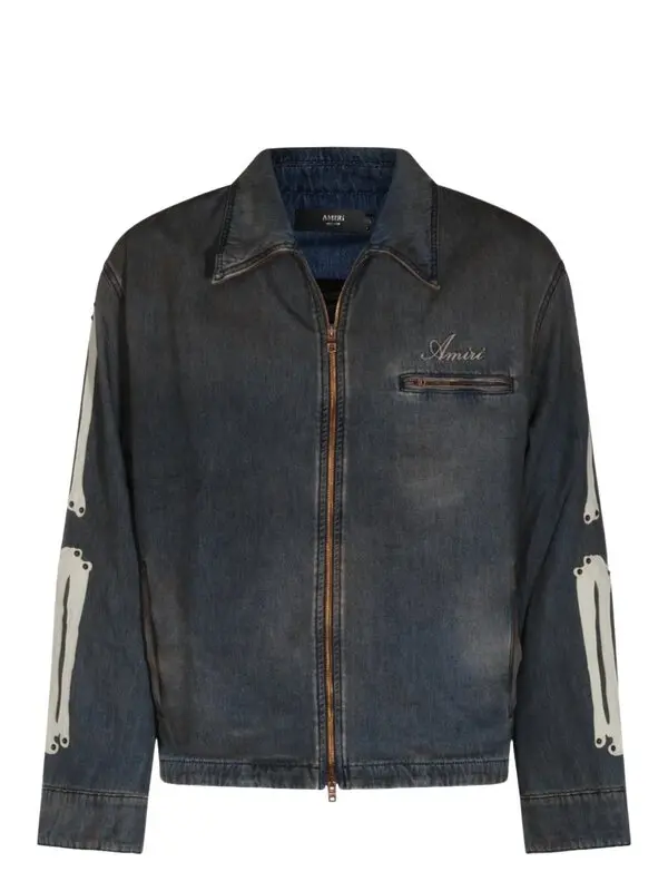 Amiri Collared Zip-up Denim Jacket With Bone Detailing - No