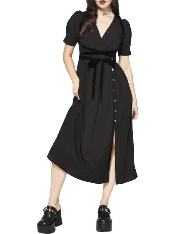 DISTURBIA Brae Wrap Centipede Button Midi Dress - Black