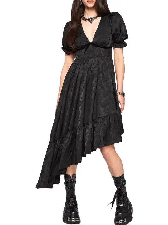 DISTURBIA Elaria Jacquard Asymmetrical Midi Dress - Black