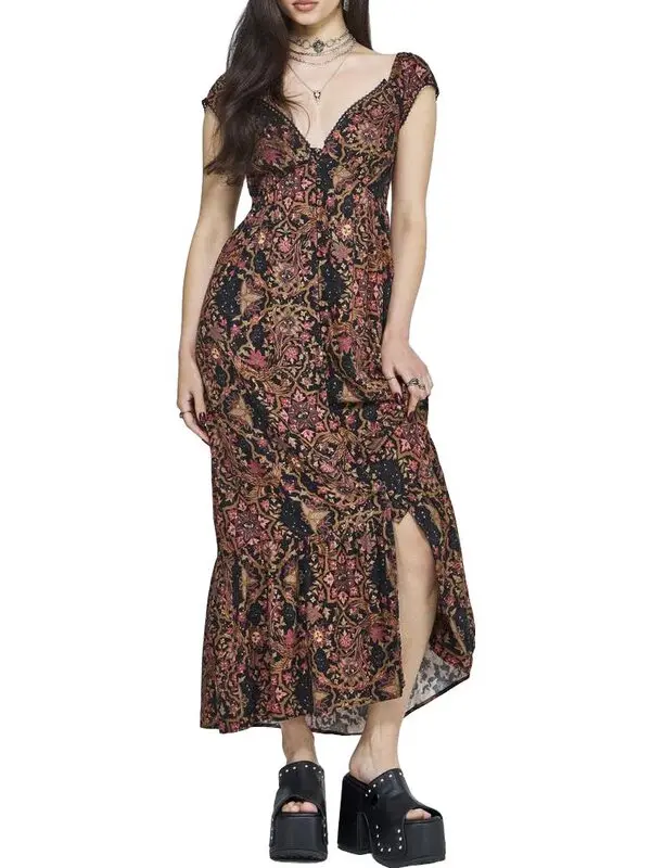 DISTURBIA Mythos Print Milkmaid Smock Midaxi Dress - Black