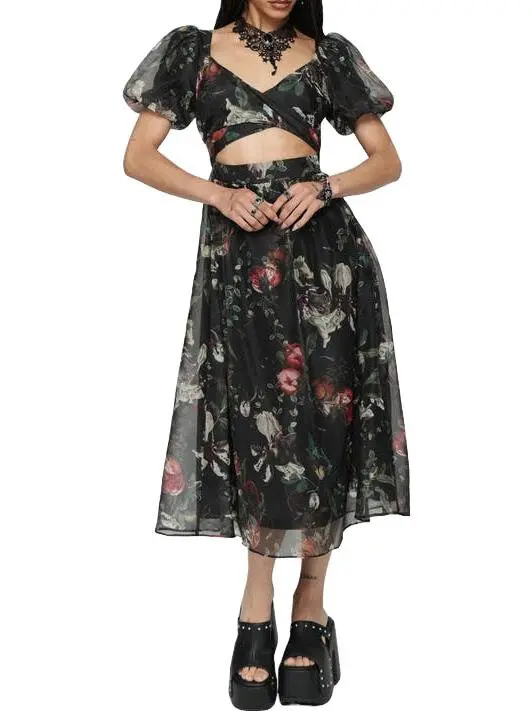 DISTURBIA Floral Puff Sleeve Midaxi Wrap Dress - Black