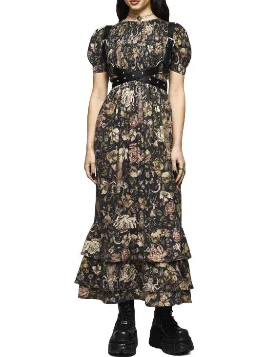 DISTURBIA Triple Goddess Tiered Shirred Maxi Dress - Black