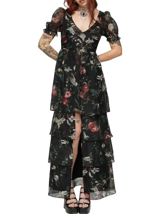 DISTURBIA Anara Fruit Print Tiered Maxi Gown - Black