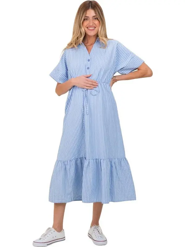 PINKBLUSH Blue Striped Button Collared Midi Dress - Light Blue