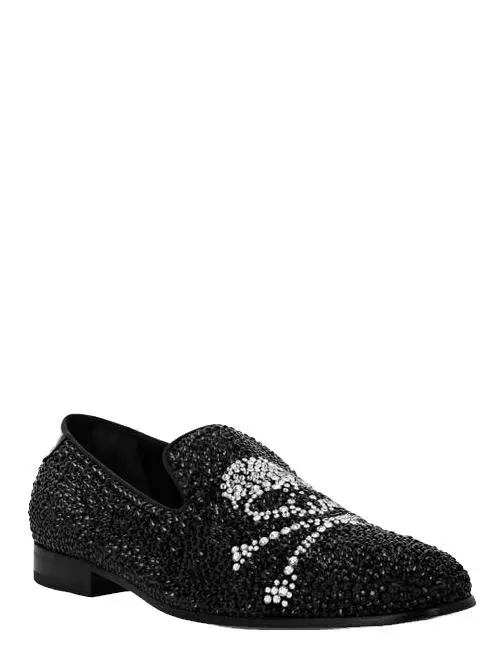Philipp Plein Rhinestone Skull & Bones Embellished Suede Loafers - Black