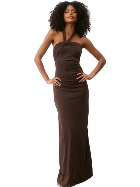 SIX STORIES Halter Neck Sculpted Maxi Dress - Chocolate