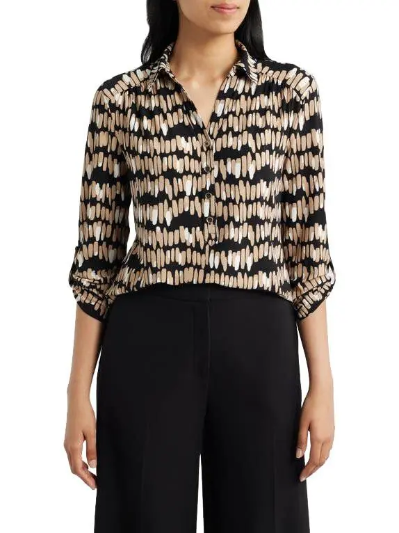 Anne Klein Abstract Print Three-quarter Sleeve Button-down Shirt - Vicuna Multi