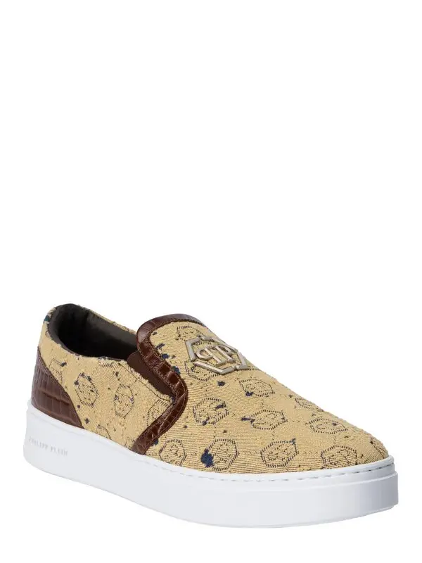 Philipp Plein Slip On Sneakers Denim Jacquard Monogram - Brown
